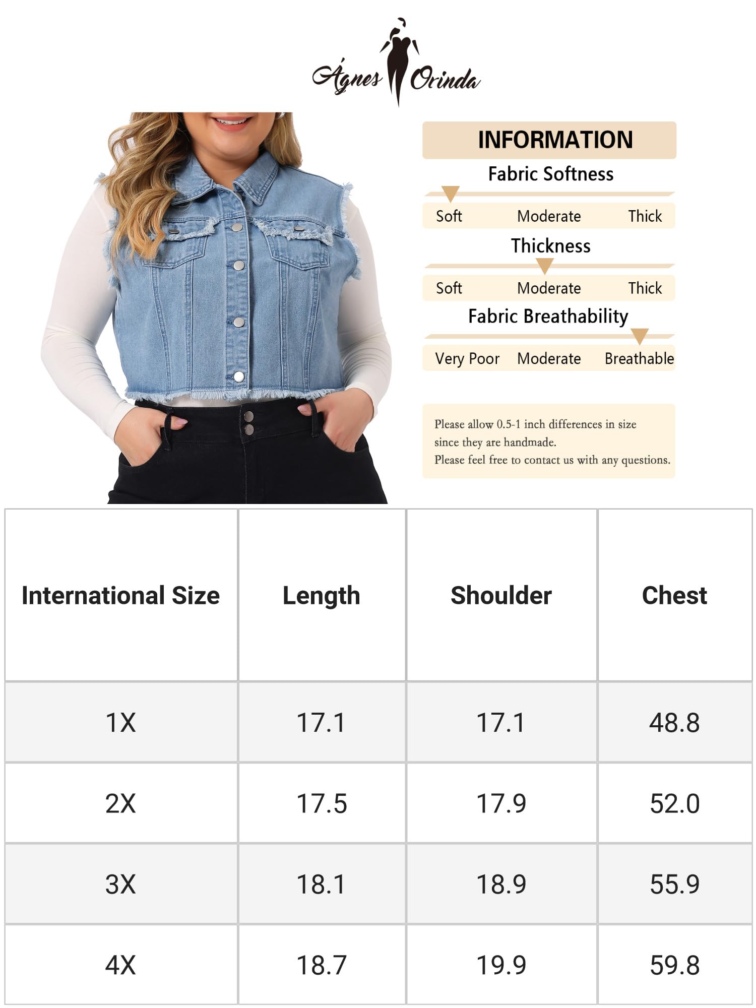Agnes Orinda Plus Size Denim Jackets for Women Button Down Distressed Sleeveless Jean Vest Jacket 4X Light Blue