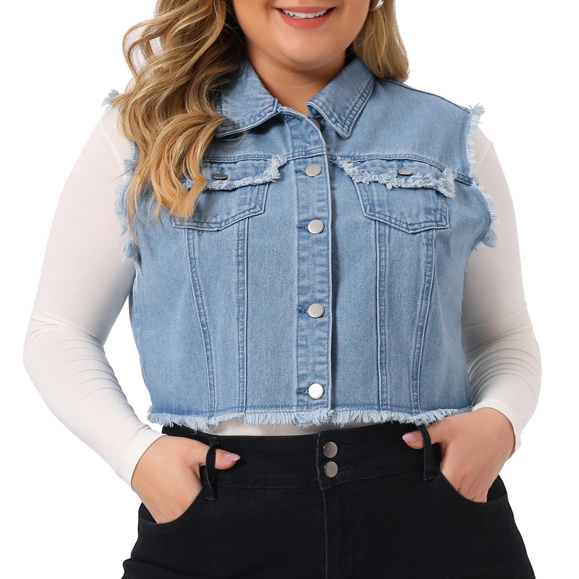 Agnes Orinda Plus Size Denim Jackets for Women Button Down Distressed Sleeveless Jean Vest Jacket 4X Light Blue