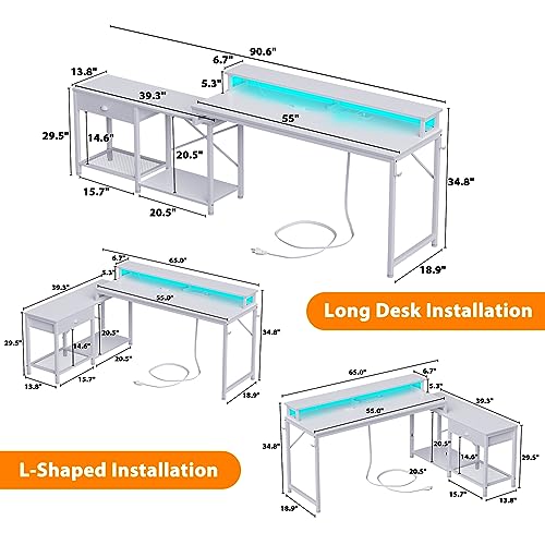 Furologee White L Shaped Desk with LED Lights & Power Outlet, Reversible Corner Computer Desk/91in Long Desk with Fabric Drawer and Shelves, Home Office Gaming Table with Monitor Stand-(55.1+39.4) in