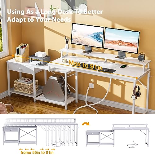Furologee White L Shaped Desk with LED Lights & Power Outlet, Reversible Corner Computer Desk/91in Long Desk with Fabric Drawer and Shelves, Home Office Gaming Table with Monitor Stand-(55.1+39.4) in