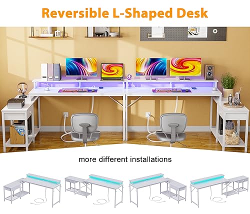 Furologee White L Shaped Desk with LED Lights & Power Outlet, Reversible Corner Computer Desk/91in Long Desk with Fabric Drawer and Shelves, Home Office Gaming Table with Monitor Stand-(55.1+39.4) in