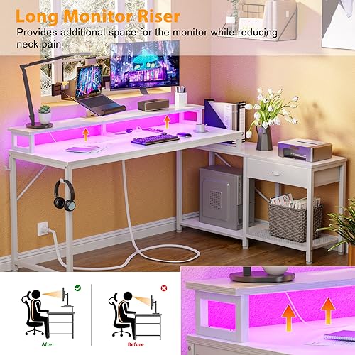 Furologee White L Shaped Desk with LED Lights & Power Outlet, Reversible Corner Computer Desk/91in Long Desk with Fabric Drawer and Shelves, Home Office Gaming Table with Monitor Stand-(55.1+39.4) in