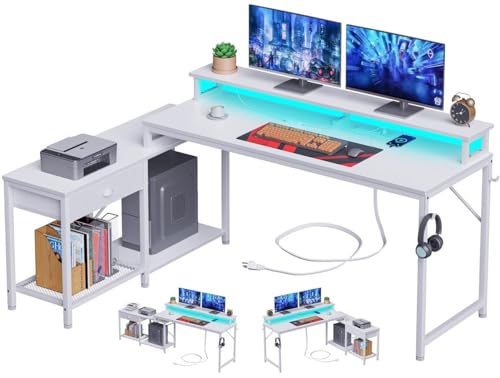 Furologee White L Shaped Desk with LED Lights & Power Outlet, Reversible Corner Computer Desk/91in Long Desk with Fabric Drawer and Shelves, Home Office Gaming Table with Monitor Stand-(55.1+39.4) in