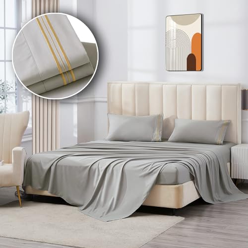 WODFAMY Microfiber Full Size Bed Sheet Set Extra Soft Deep Pockets Luxury Hotel Bed Sheets Breathable & Cooling Wrinkle Free 4 Piece Set Fulls Sheets Light Grey&Gold