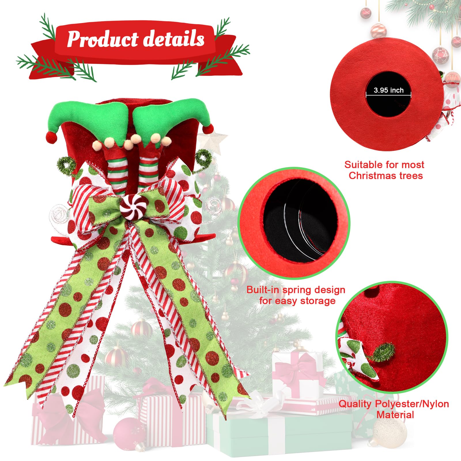 Montekin Christmas Tree Topper Hat with Bow, Red Velvet Top Hat Ornament with Elf Legs and Red & Green Polka Dot Bow, Winter Holidays Xmas Decor for Home Decoration