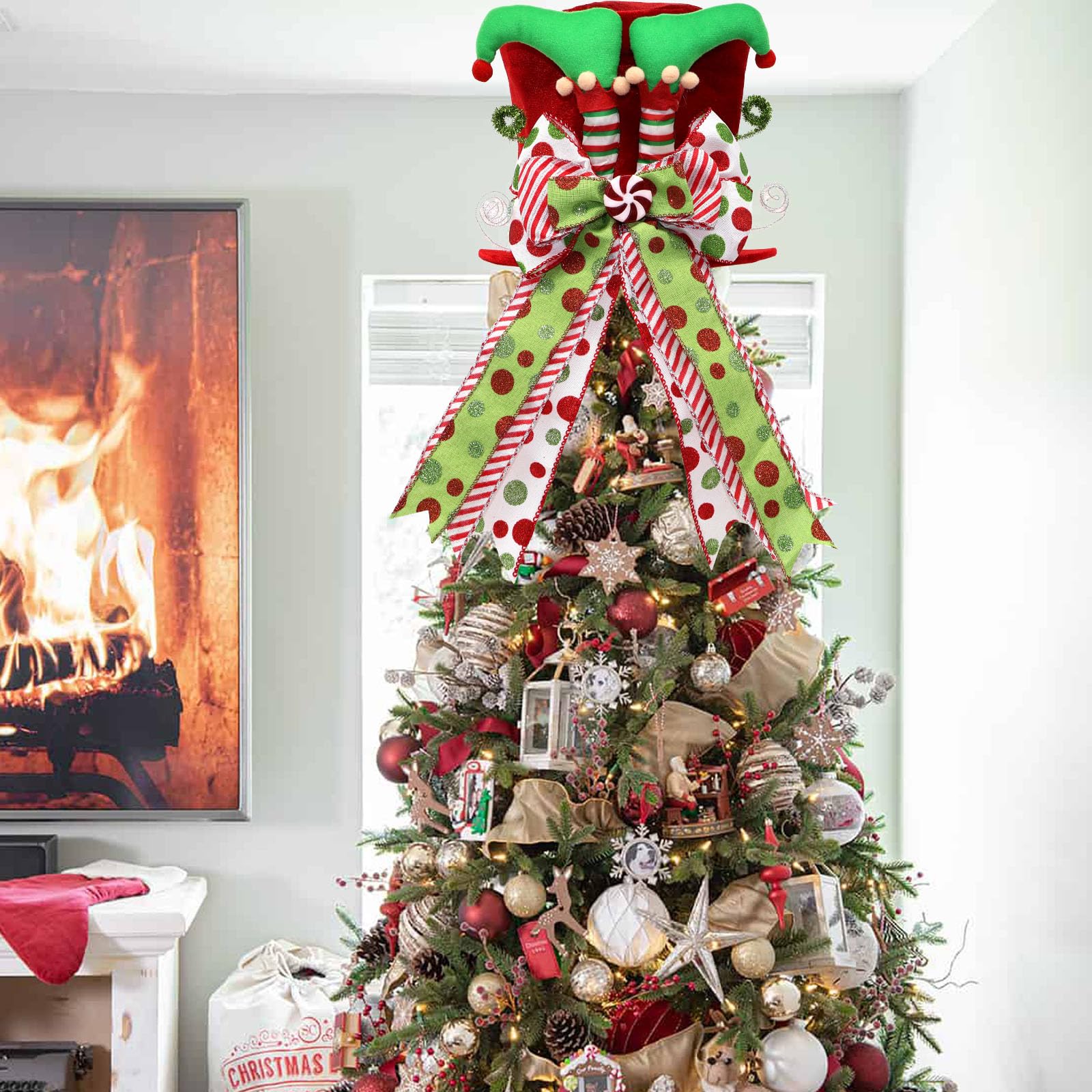 Montekin Christmas Tree Topper Hat with Bow, Red Velvet Top Hat Ornament with Elf Legs and Red & Green Polka Dot Bow, Winter Holidays Xmas Decor for Home Decoration