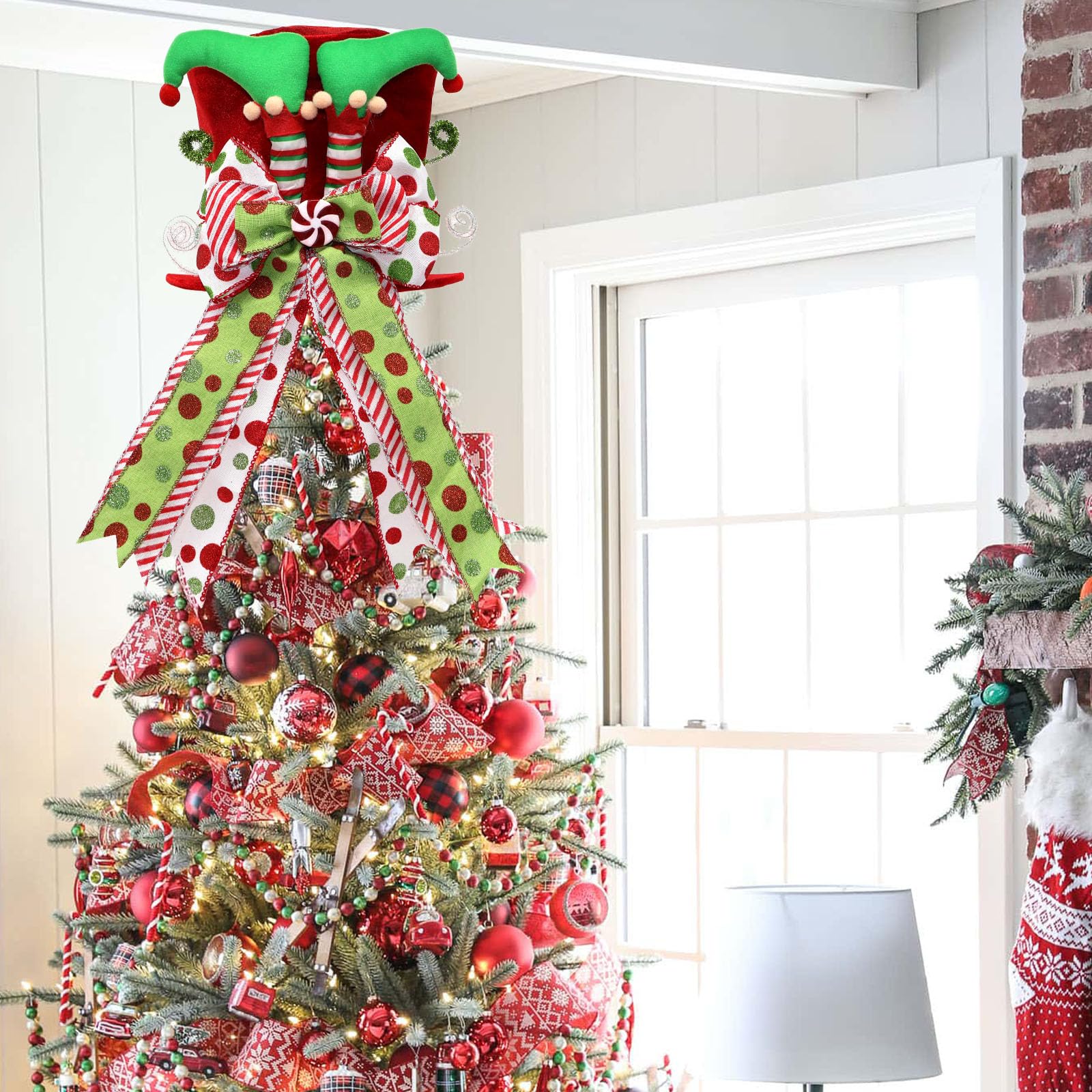 Montekin Christmas Tree Topper Hat with Bow, Red Velvet Top Hat Ornament with Elf Legs and Red & Green Polka Dot Bow, Winter Holidays Xmas Decor for Home Decoration