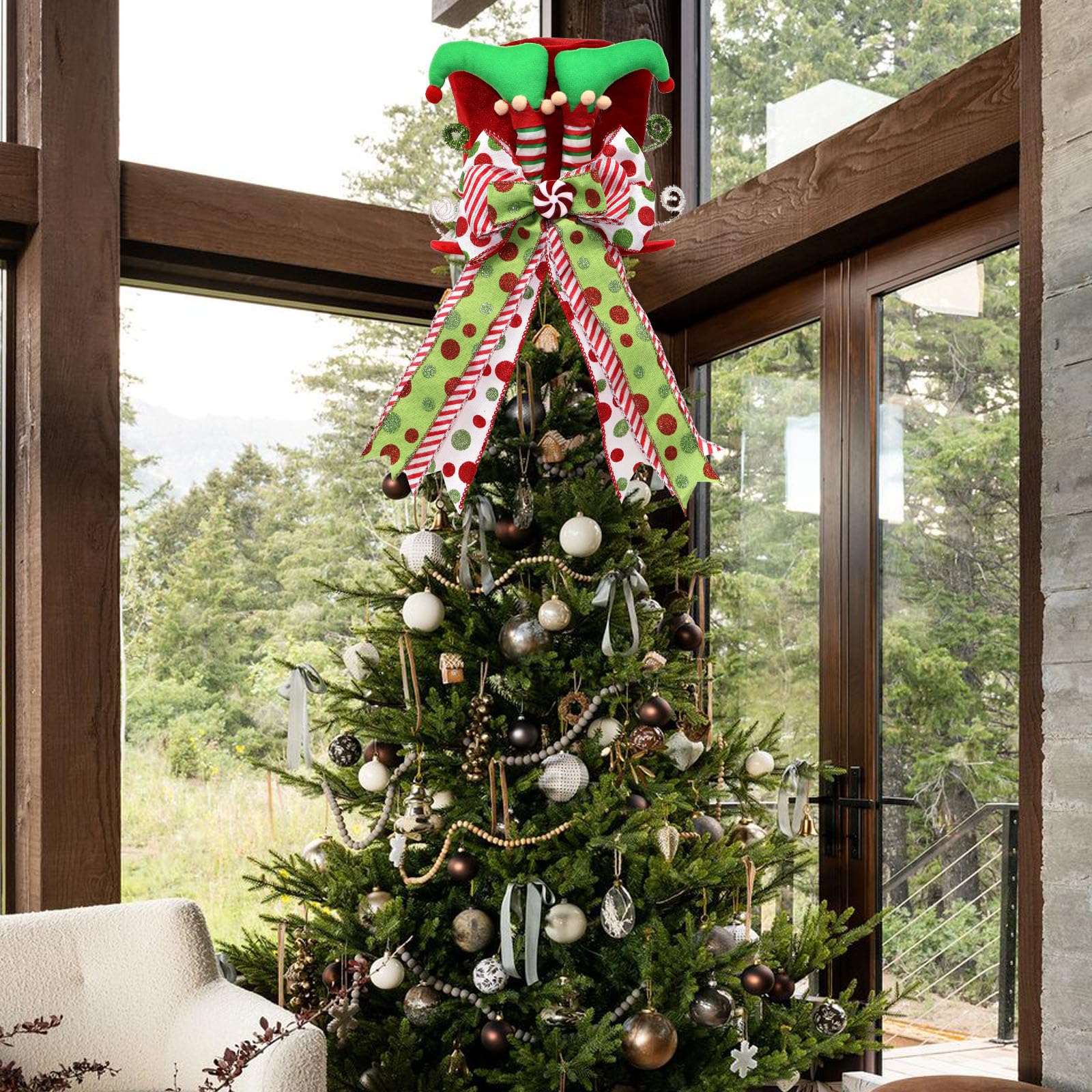 Montekin Christmas Tree Topper Hat with Bow, Red Velvet Top Hat Ornament with Elf Legs and Red & Green Polka Dot Bow, Winter Holidays Xmas Decor for Home Decoration