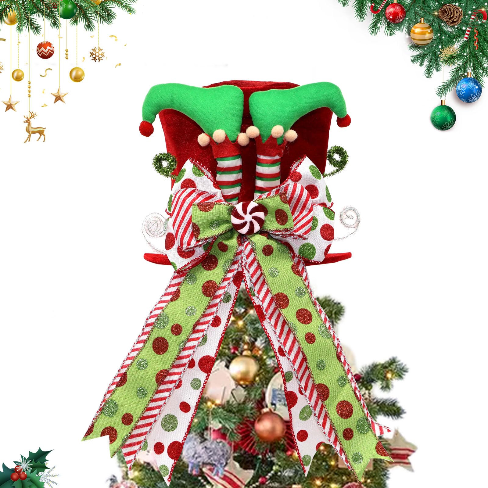 Montekin Christmas Tree Topper Hat with Bow, Red Velvet Top Hat Ornament with Elf Legs and Red & Green Polka Dot Bow, Winter Holidays Xmas Decor for Home Decoration