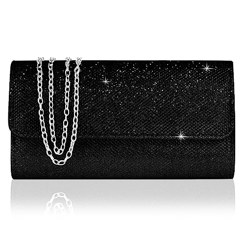 OSDUE Evening Bag Clutch Purses for Women, Glitter Bags, Sparkling Envelope Evening Bag with Detachable Chain, for Prom Wedding Party Banquet Date (Black)
