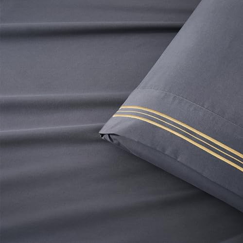 WODFAMY Microfiber Full Size Bed Sheet Set Extra Soft Deep Pockets Luxury Hotel Bed Sheets Breathable & Cooling Wrinkle Free 4 Piece Set Fulls Sheets Dark Grey&Gold