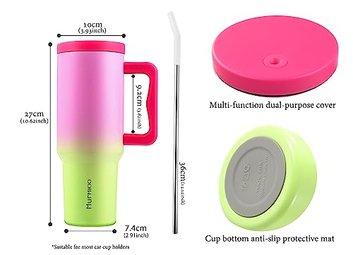 Murmioo 40OZ Tumbler with Handle and Straw,Insulated Leak Proof Double Walled Stainless Steel Travel Mug,Reusable Water Bottle Cup,Maintains Cold, Heat, and Ice for Hours(Rose green gradient)