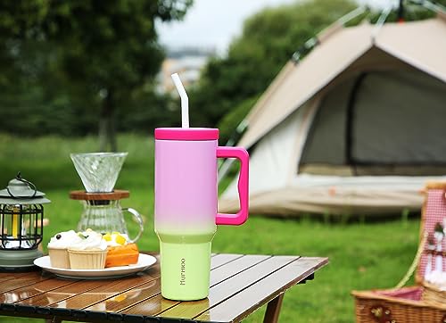 Murmioo 40OZ Tumbler with Handle and Straw,Insulated Leak Proof Double Walled Stainless Steel Travel Mug,Reusable Water Bottle Cup,Maintains Cold, Heat, and Ice for Hours(Rose green gradient)