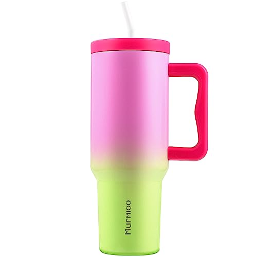 Murmioo 40OZ Tumbler with Handle and Straw,Insulated Leak Proof Double Walled Stainless Steel Travel Mug,Reusable Water Bottle Cup，Maintains Cold, Heat, and Ice for Hours(Rose green gradient)