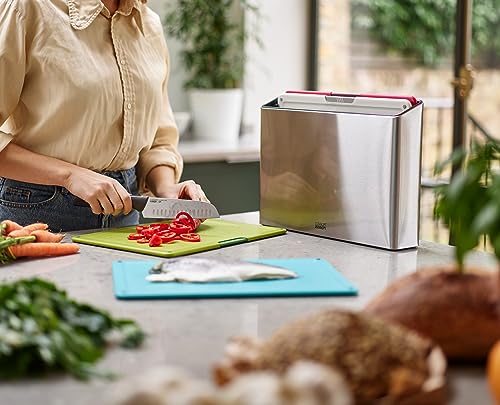 Joseph Joseph Folio Icon 4-Piece Multi Colour coded Cutting Board Set, Stainless Steel Slimline case for organized Kitchen storage, Silver
