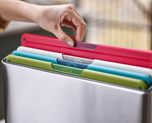 Joseph Joseph Folio Icon 4-Piece Multi Colour coded Cutting Board Set, Stainless Steel Slimline case for organized Kitchen storage, Silver