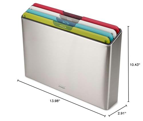 Joseph Joseph Folio Icon 4-Piece Multi Colour coded Cutting Board Set, Stainless Steel Slimline case for organized Kitchen storage, Silver