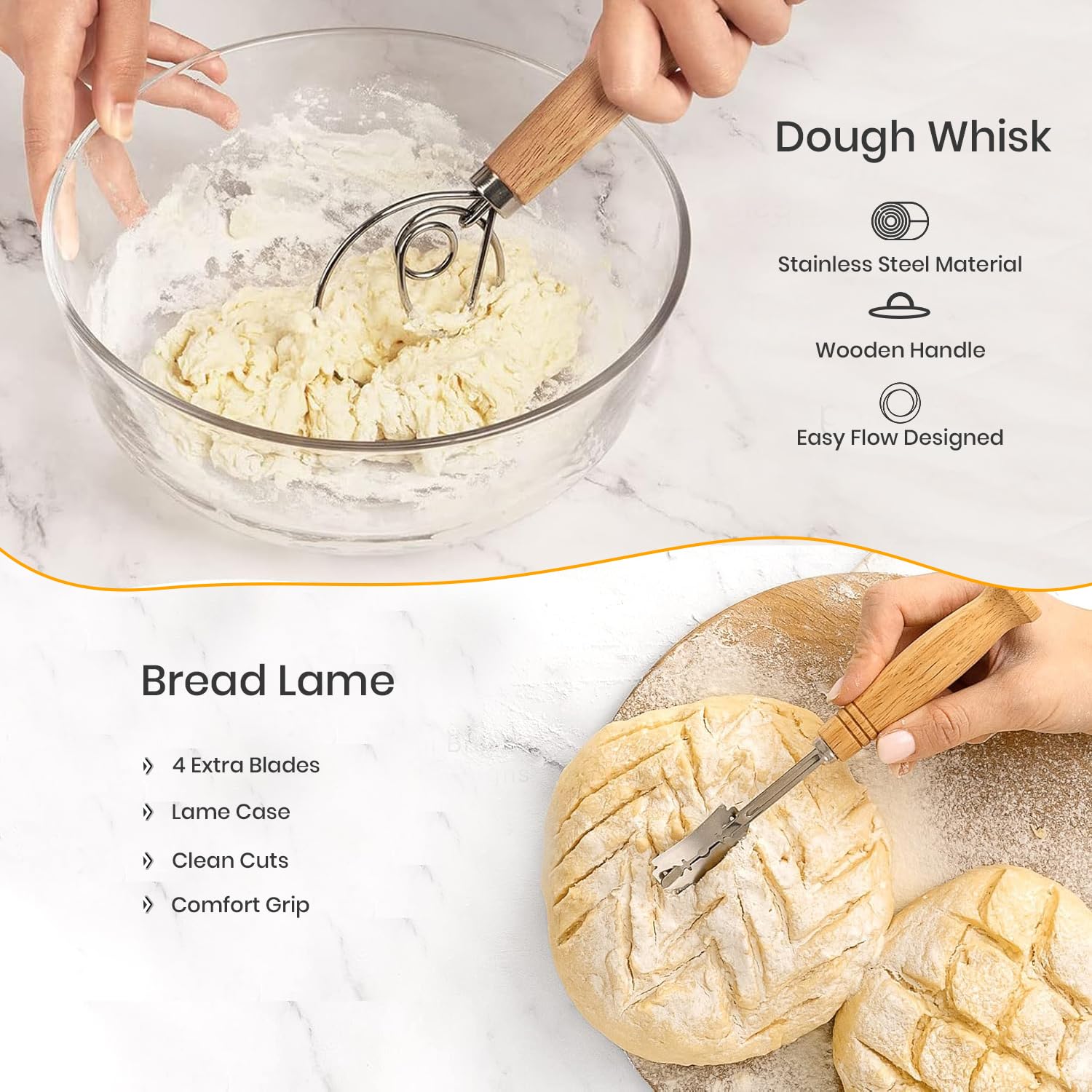 Jims Goods Bread Banneton Proofing Basket Set W/9 Inch Round & 10 Inch Oval Banneton Basket, Homemade Bread Sourdough Starter Kit W/Lame + Lame Case, Dough Scrapper & Whisk, Linen Liner (Set of 2)