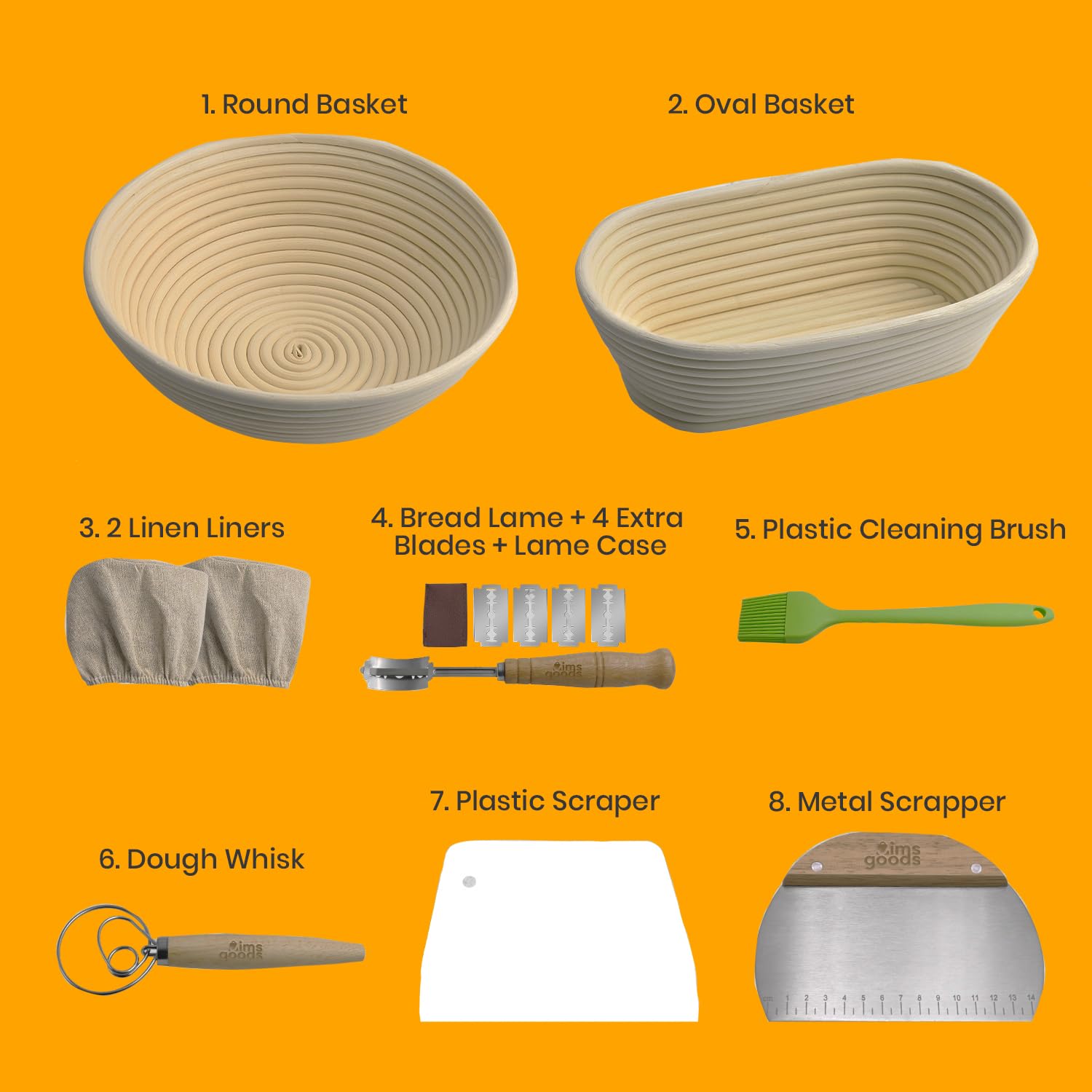 Jims Goods Bread Banneton Proofing Basket Set W/9 Inch Round & 10 Inch Oval Banneton Basket, Homemade Bread Sourdough Starter Kit W/Lame + Lame Case, Dough Scrapper & Whisk, Linen Liner (Set of 2)