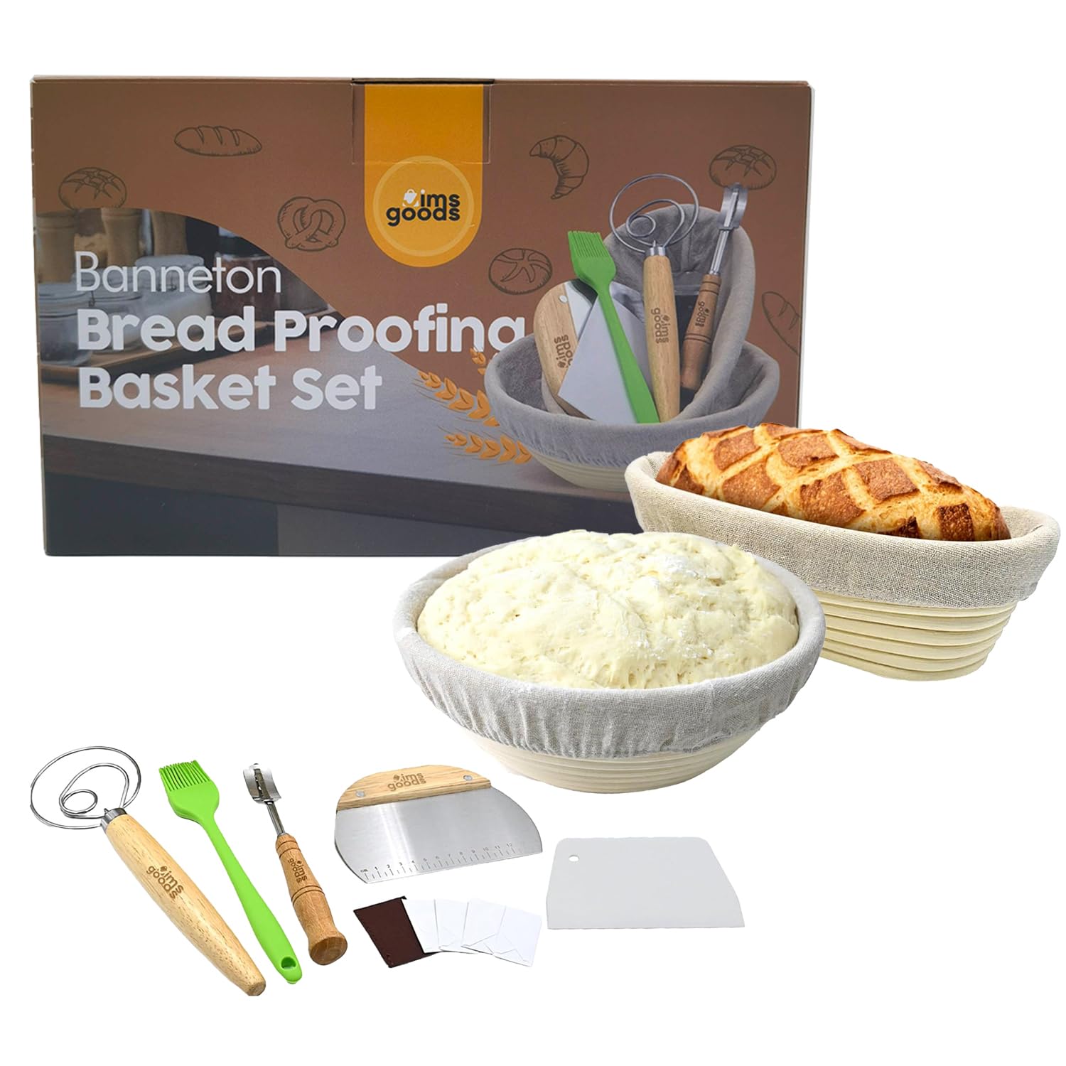 Jims Goods Bread Banneton Proofing Basket Set W/9 Inch Round & 10 Inch Oval Banneton Basket, Homemade Bread Sourdough Starter Kit W/Lame + Lame Case, Dough Scrapper & Whisk, Linen Liner (Set of 2)