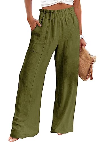 Acelitt Women's Casual Wide Leg Paperbag Linen Pants Lightweight Elastic Waist Loose Spring Fashion 2023 Palazzo Pants Trousers Green XL