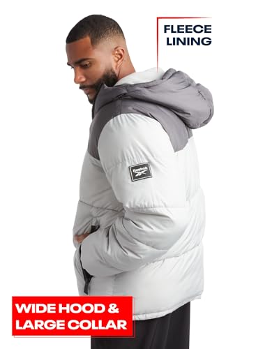 Reebok Men's Puffer Jacket - Heavyweight Quilted Puffer Coat with Wide Hood - Weather Resistant Ski Jacket for Men (M-XXL), Size Large, Charcoal/Grey