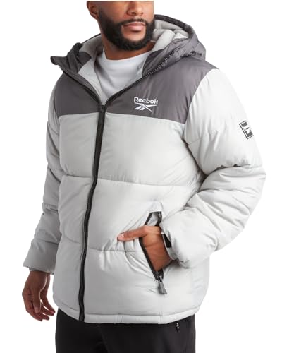 Reebok Men's Puffer Jacket - Heavyweight Quilted Puffer Coat with Wide Hood - Weather Resistant Ski Jacket for Men (M-XXL), Size Large, Charcoal/Grey