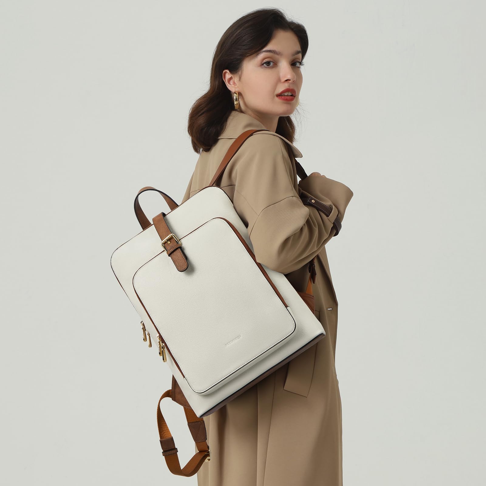 BOSTANTEN Leather Laptop Backpack Women 15.6 inch Computer Backpack Travel Business Shoulder Bags Vintage Casual Daypack Beige＆Brown