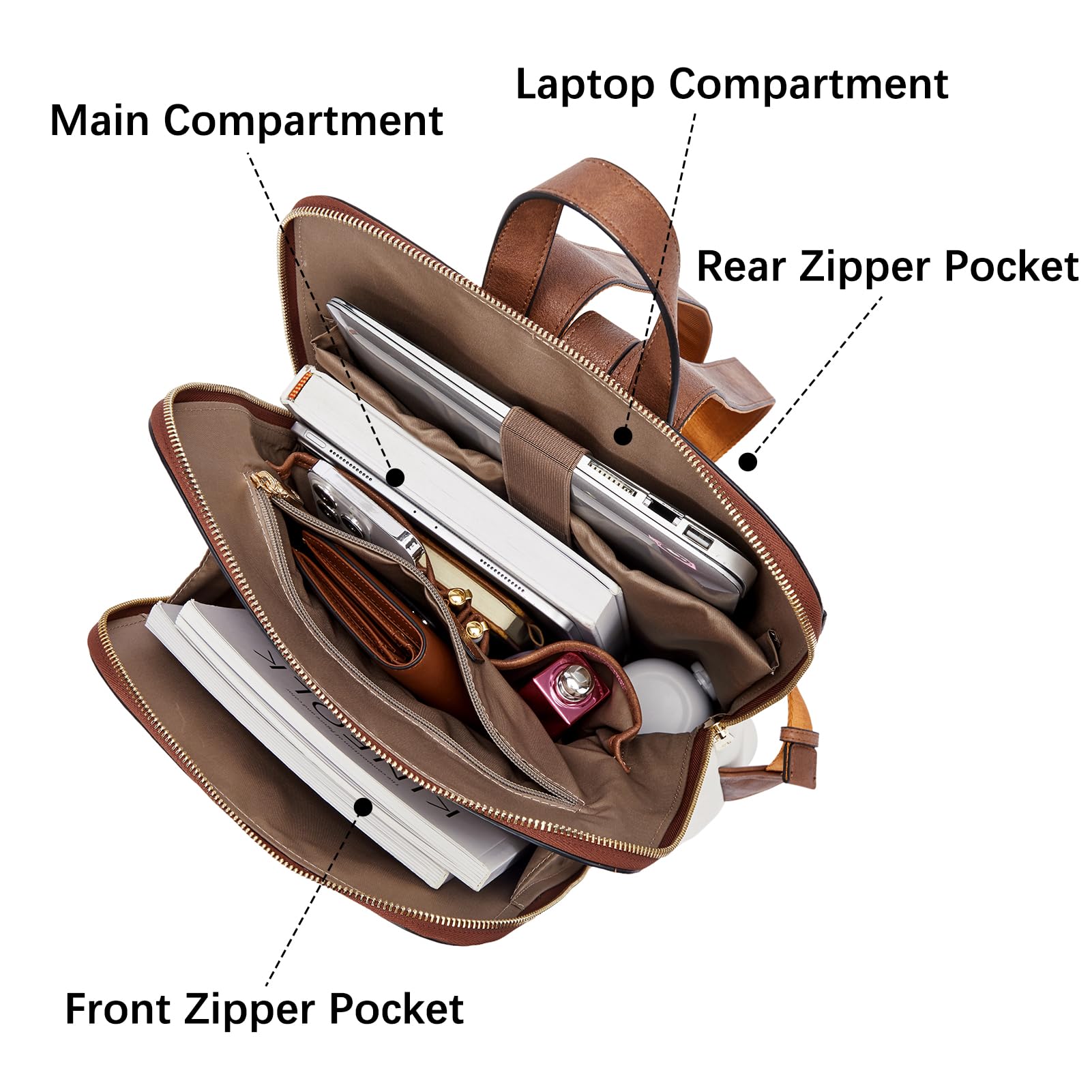 BOSTANTEN Leather Laptop Backpack Women 15.6 inch Computer Backpack Travel Business Shoulder Bags Vintage Casual Daypack Beige＆Brown