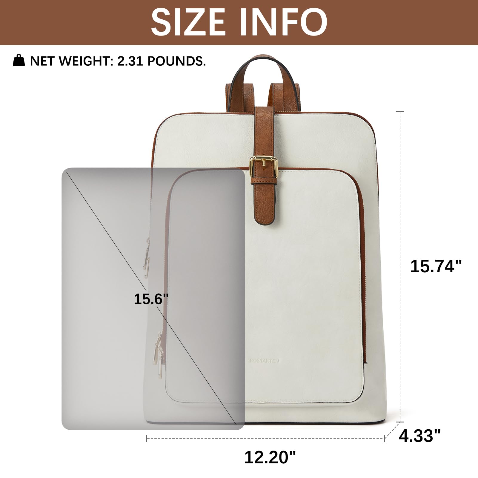 BOSTANTEN Leather Laptop Backpack Women 15.6 inch Computer Backpack Travel Business Shoulder Bags Vintage Casual Daypack Beige＆Brown