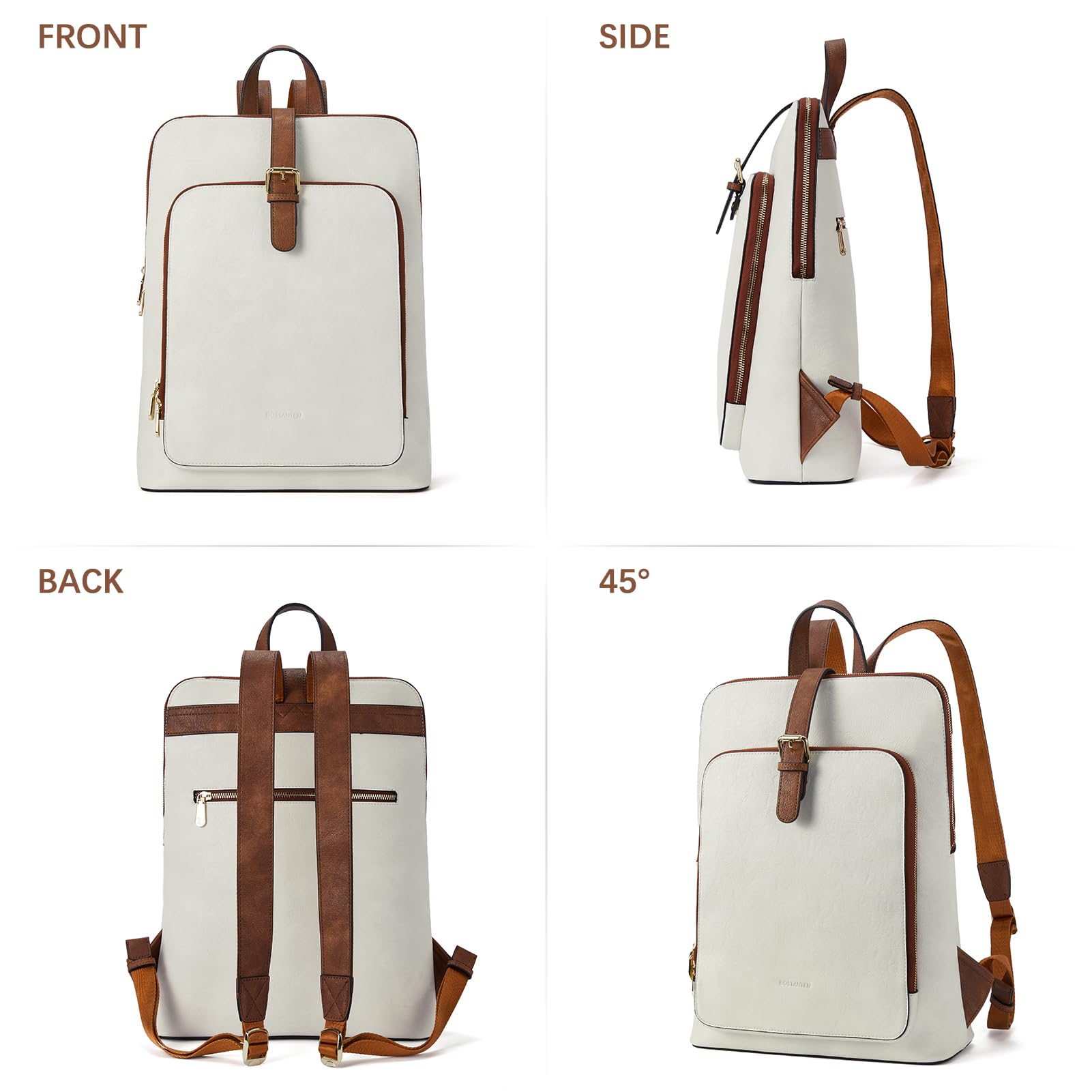 BOSTANTEN Leather Laptop Backpack Women 15.6 inch Computer Backpack Travel Business Shoulder Bags Vintage Casual Daypack Beige＆Brown