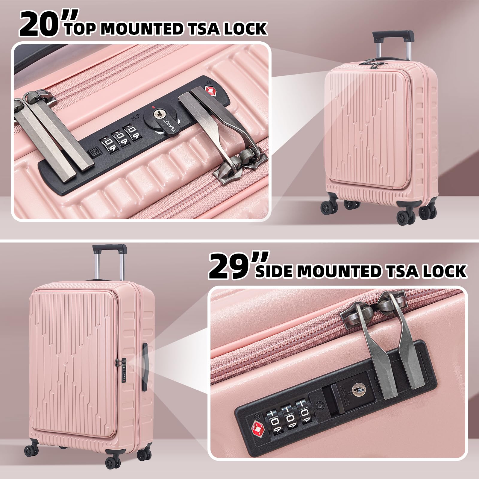 Kaleenie 2 Pieces 20/29 Luggage Sets, 20 Inch Cabin Luggage with Front Pocket & 29 Inch Side Opening Suitcase, Ligthweight ABS+PC Hardshell, Pink