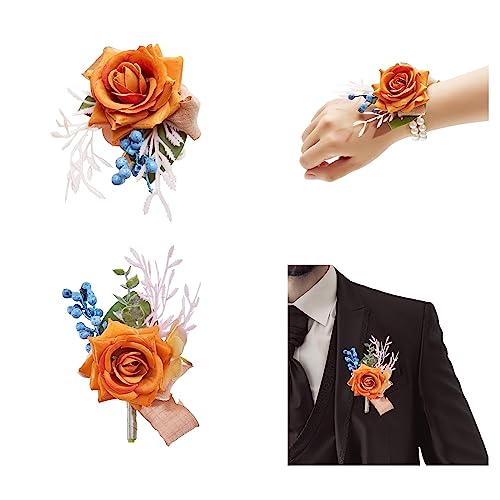 AJOYEGG Wrist Corsage and Boutonniere Set: Corsage Wristlet Band Bracelet Flower and Men Boutonniere Rose Flower Set for Wedding Prom Suit Decoration(Burnt Orange)