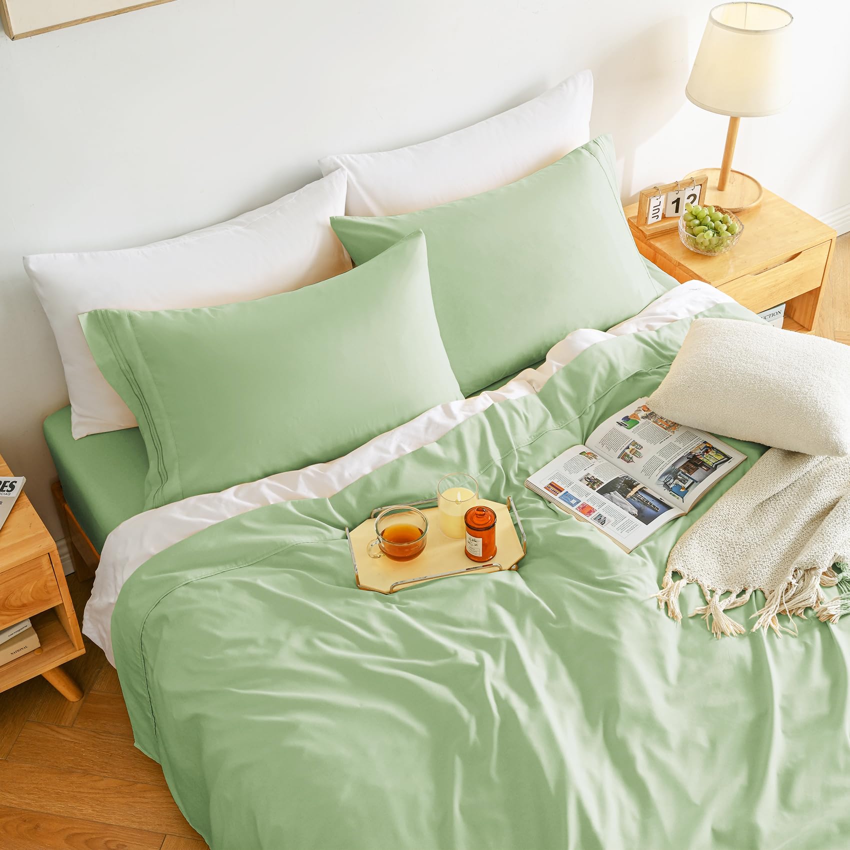 Sage Green Full Size Bed Sheet Sets-Deep Pocket Fitted Sheet & Pillowcase Sets-4 Piece Soft Cooling Microfiber Bedsheets for Double Bed