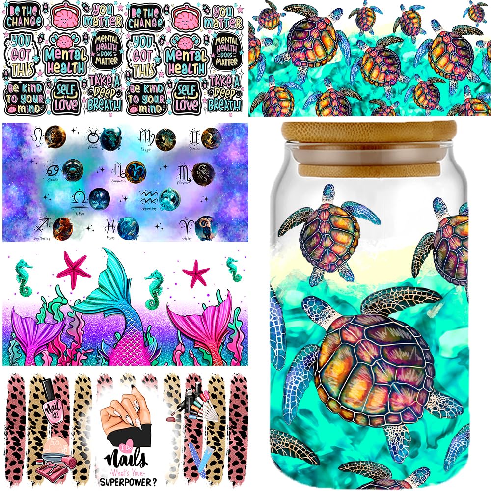 Myhiju UV DTF Cup Wrap Transfer Sticker for Glass Coffee Cups,5 Sheets of Mixed Style UV DTF Transfer Sticker for 16oz Libbey Glass Cups,DIY Waterproof Clear Film Rub on Transfers Stickers Decals.