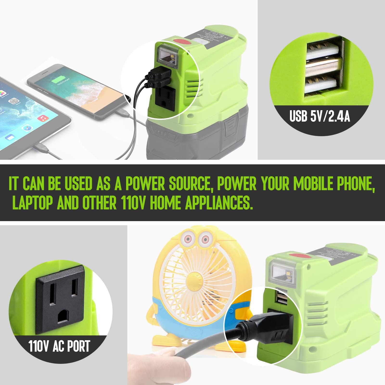 UNIKI 150W Powered Inverter Generator for Ryobi 18V Lithium Battery,for ryobi Battery Inverter Power Station with 2-USB&AC 110V-120v,200LM LED Light, USB Cable