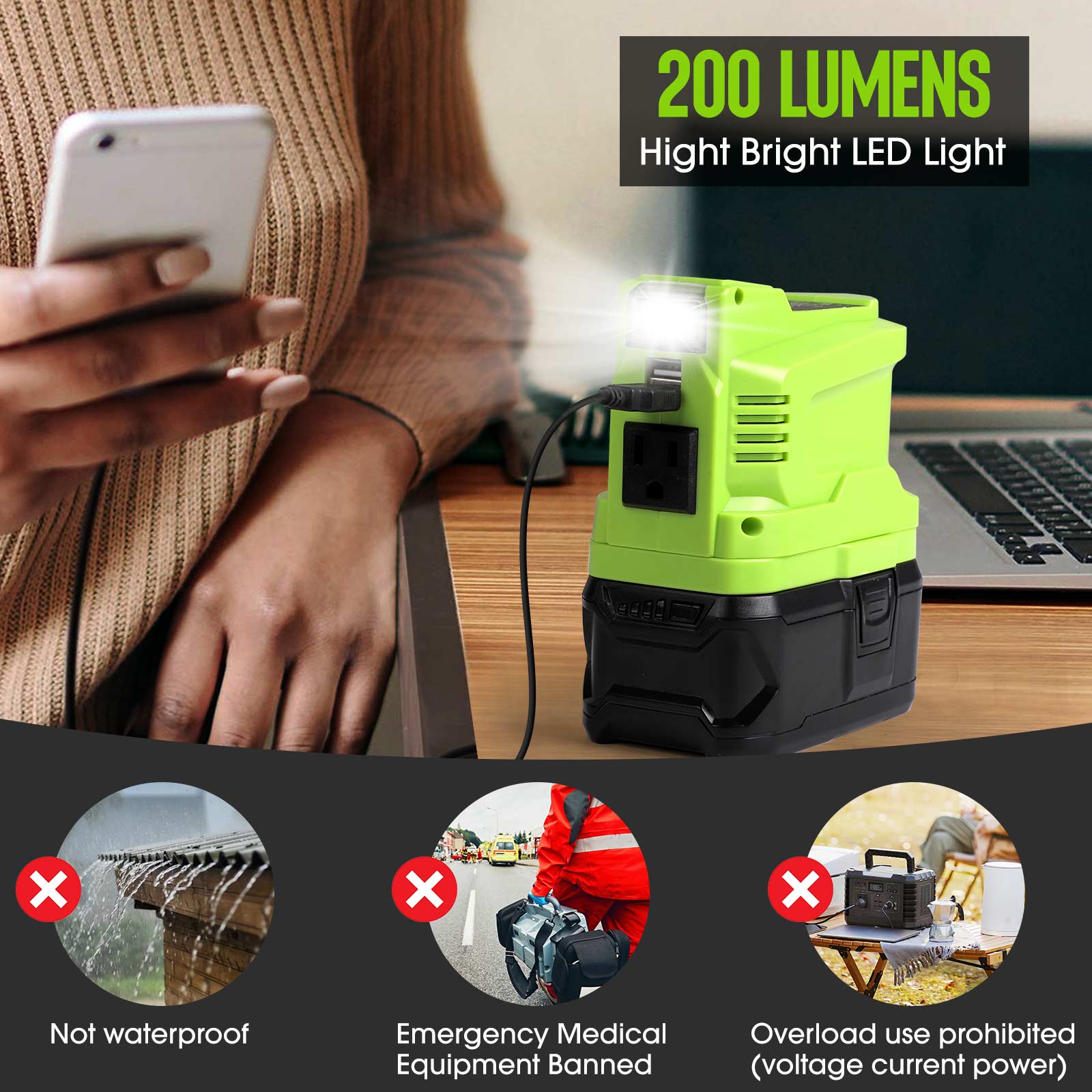 UNIKI 150W Powered Inverter Generator for Ryobi 18V Lithium Battery,for ryobi Battery Inverter Power Station with 2-USB&AC 110V-120v,200LM LED Light, USB Cable