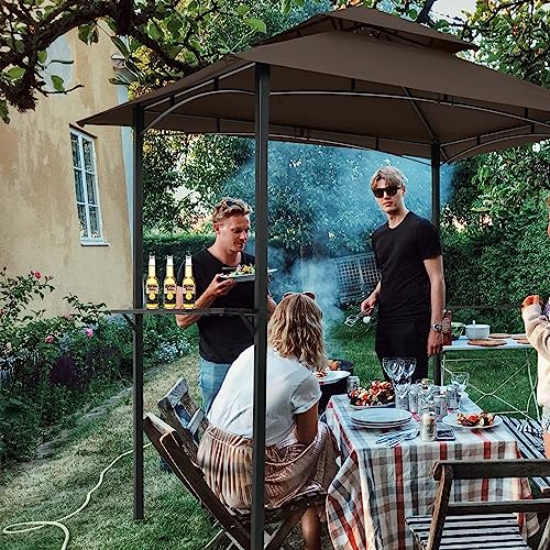 Outdoor Grill Gazebo 8 x 5 Ft, Shelter Tent, Double Tier Soft Top Canopy and Steel Frame with Hook & Bar Counters for Barbecue Picnic Party Garden (Brown)