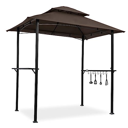 Outdoor Grill Gazebo 8 x 5 Ft, Shelter Tent, Double Tier Soft Top Canopy and Steel Frame with Hook & Bar Counters for Barbecue Picnic Party Garden (Brown)