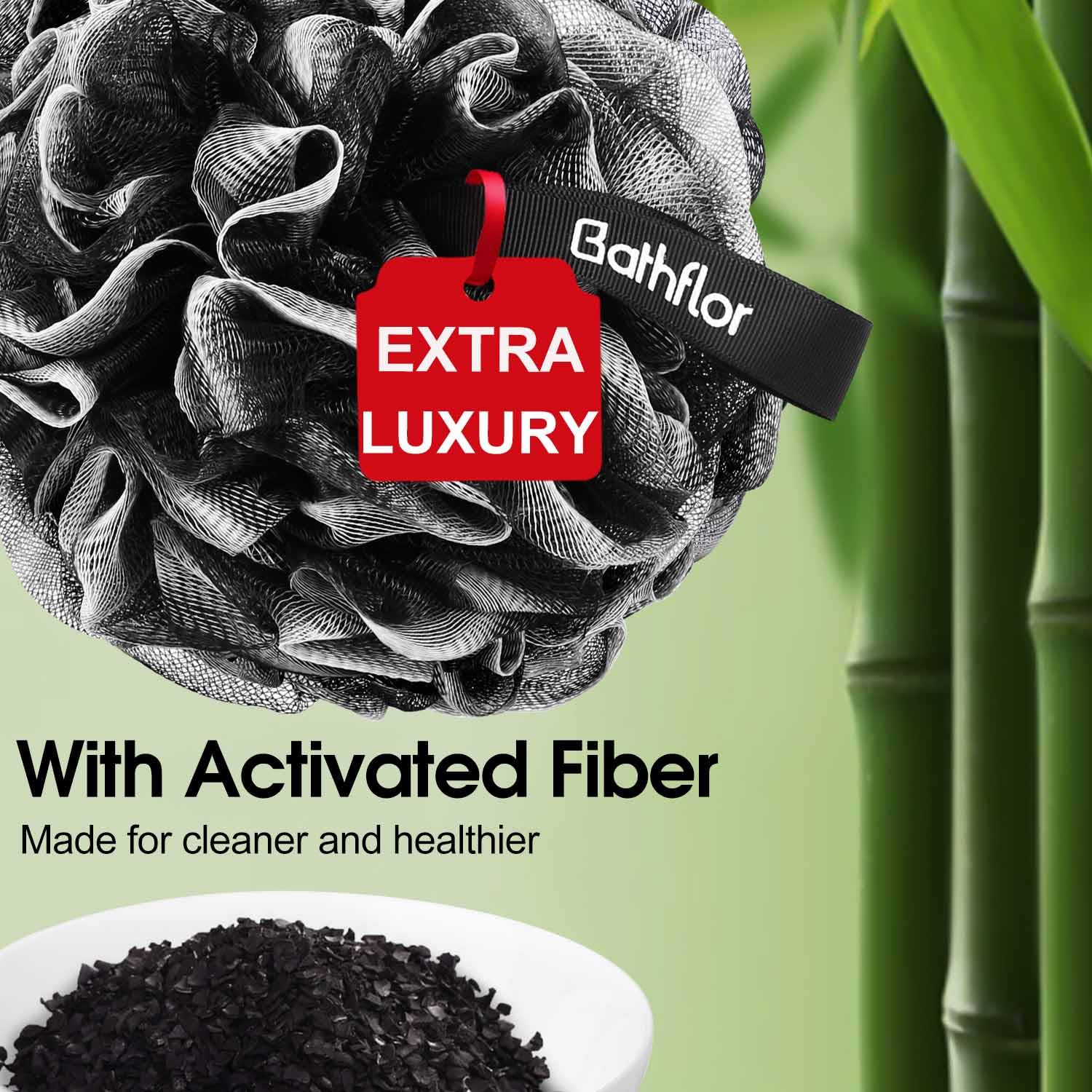 Bathflor Loofah Sponge Exfoliating Body Scrubber: 4PCS Extra Large 80g Shower Loofahs Poufs, 1PCS Long Handle Loofa Back Scrubber, 1PCS Luffa Hook, Charcoal Loofah Pack for Women Men Bath Wash, Black