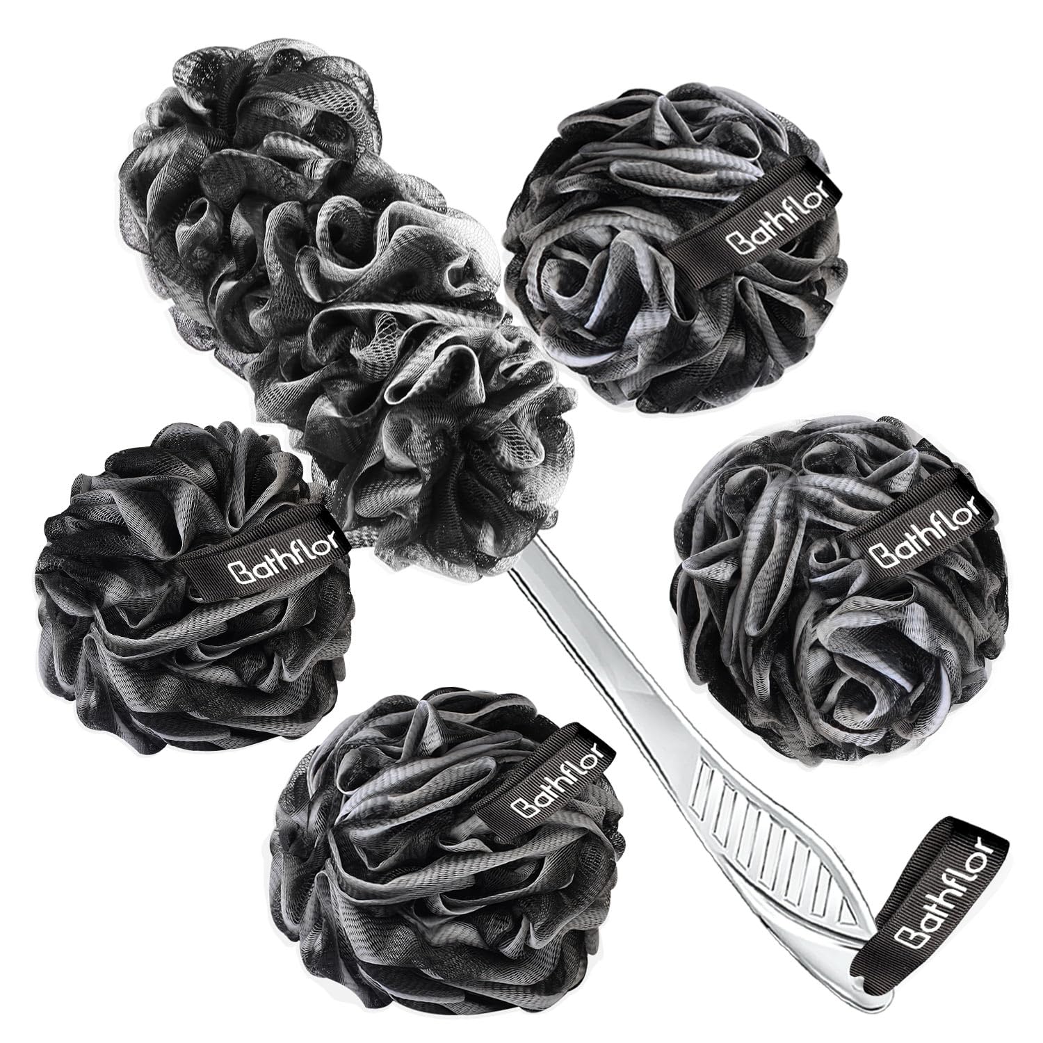 Bathflor Loofah Sponge Exfoliating Body Scrubber: 4PCS Extra Large 80g Shower Loofahs Poufs, 1PCS Long Handle Loofa Back Scrubber, 1PCS Luffa Hook, Charcoal Loofah Pack for Women Men Bath Wash, Black