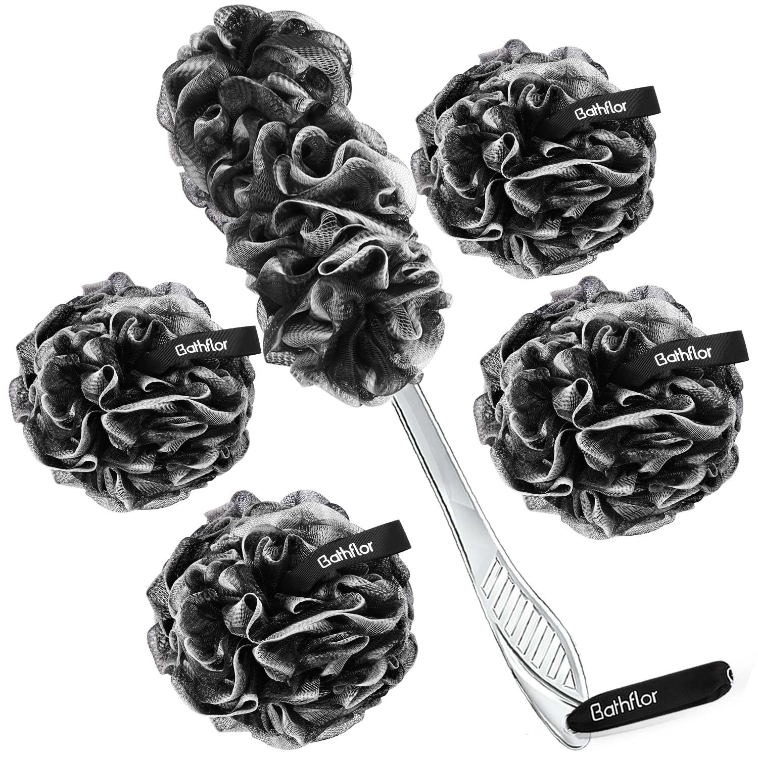 Bathflor Loofah Sponge Exfoliating Body Scrubber: 4PCS Extra Large 80g Shower Loofahs Poufs, 1PCS Long Handle Loofa Back Scrubber, 1PCS Luffa Hook, Charcoal Loofah Pack for Women Men Bath Wash, Black
