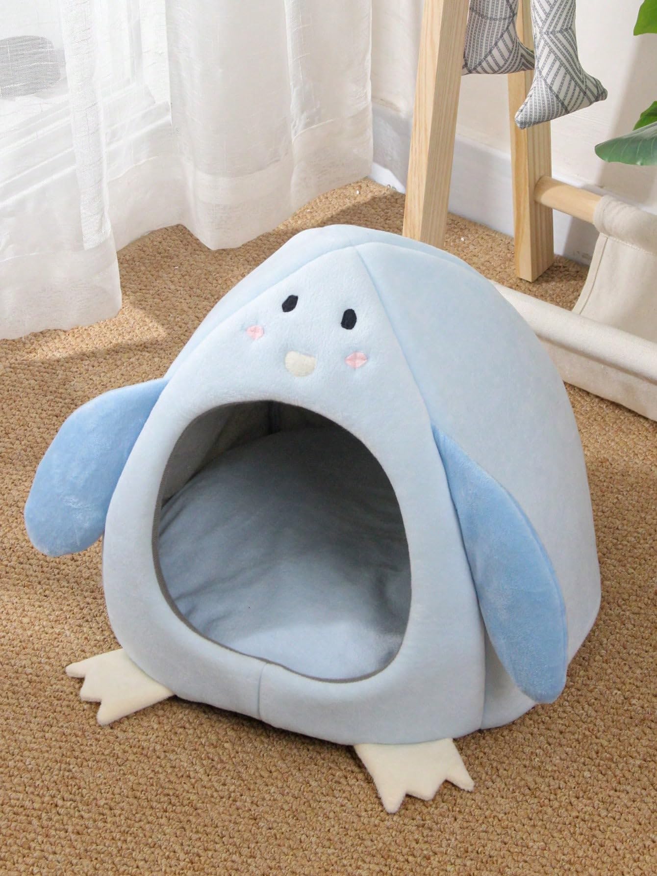 QWINEE Indoor Cat Bed Cave with Removable Cushion Pet Plush Warm Tent Cartoon Penguin Design Pet Sleeping Bed for Cats Dogs Kitten Puppy and Rabbit Blue S