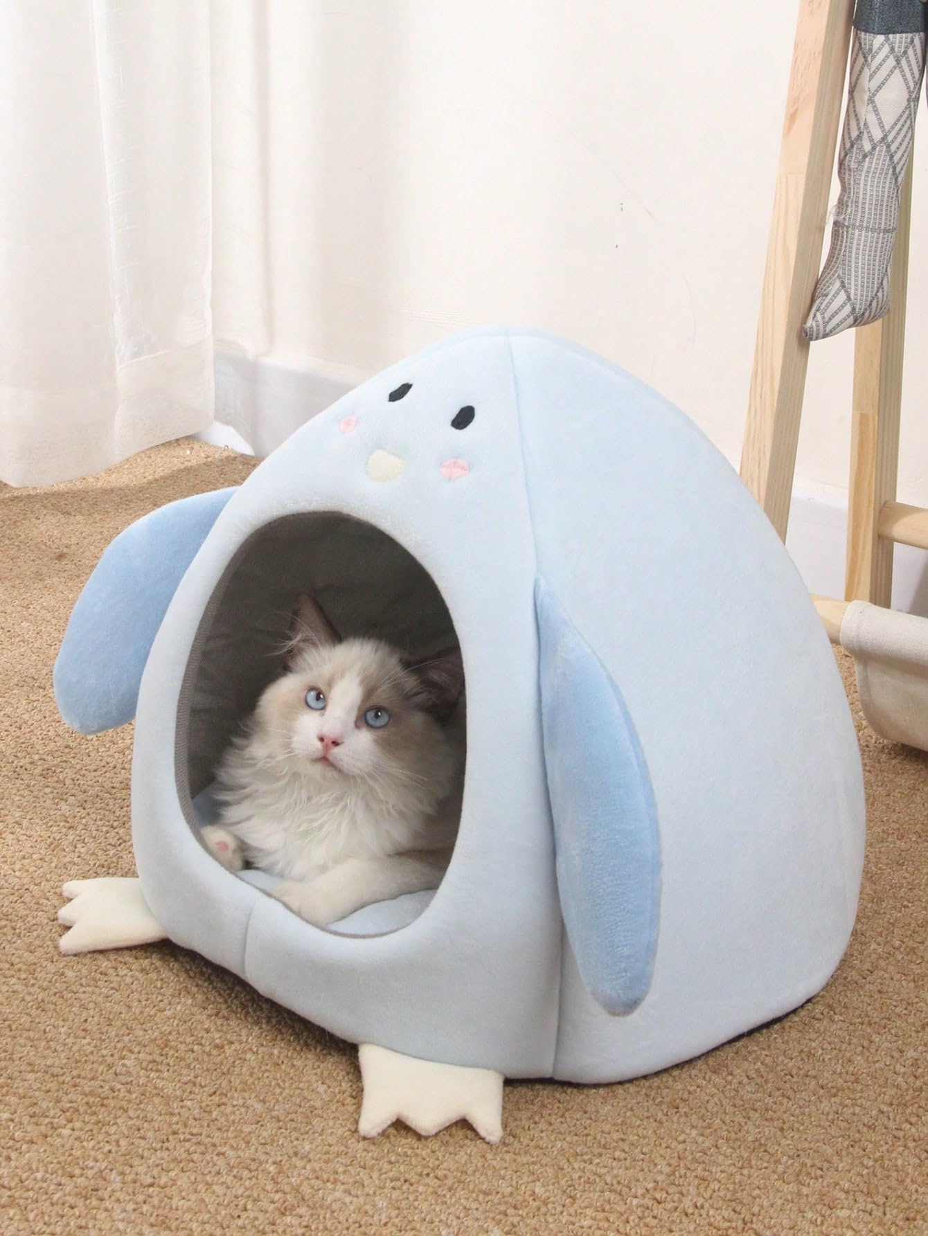 QWINEE Indoor Cat Bed Cave with Removable Cushion Pet Plush Warm Tent Cartoon Penguin Design Pet Sleeping Bed for Cats Dogs Kitten Puppy and Rabbit Blue S
