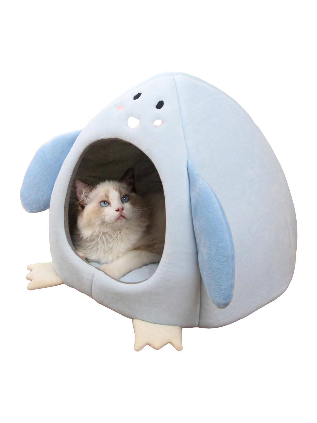QWINEE Indoor Cat Bed Cave with Removable Cushion Pet Plush Warm Tent Cartoon Penguin Design Pet Sleeping Bed for Cats Dogs Kitten Puppy and Rabbit Blue S