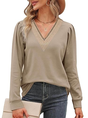Langwyqu Women's Casual Long Sleeve Sweatshirts V Neck Loose Fit Solid Color Work Pullover Shirt Tops Khaki