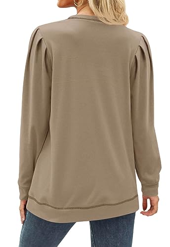 Langwyqu Women's Casual Long Sleeve Sweatshirts V Neck Loose Fit Solid Color Work Pullover Shirt Tops Khaki