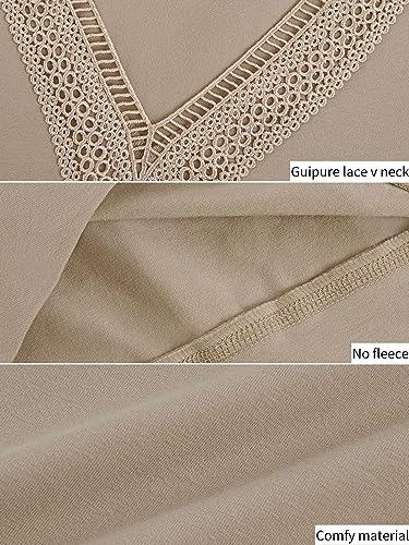 Langwyqu Women's Casual Long Sleeve Sweatshirts V Neck Loose Fit Solid Color Work Pullover Shirt Tops Khaki