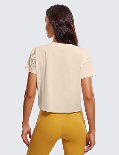CRZ YOGA Women's Pima Cotton Workout Short Sleeve Shirts Loose Athletic Crop Tops Gym Casual Cropped T-Shirt White Opal Medium