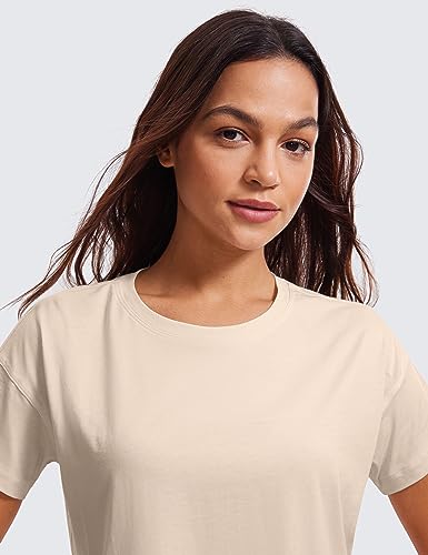 CRZ YOGA Women's Pima Cotton Workout Short Sleeve Shirts Loose Athletic Crop Tops Gym Casual Cropped T-Shirt White Opal Medium